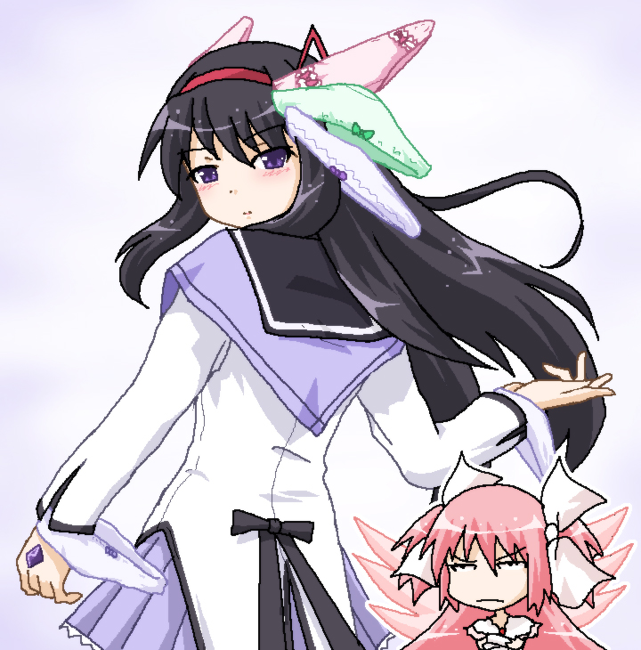 Safebooru - 2girls akemi homura annoyed black hair goddess madoka hairband hayashiya zankurou ...