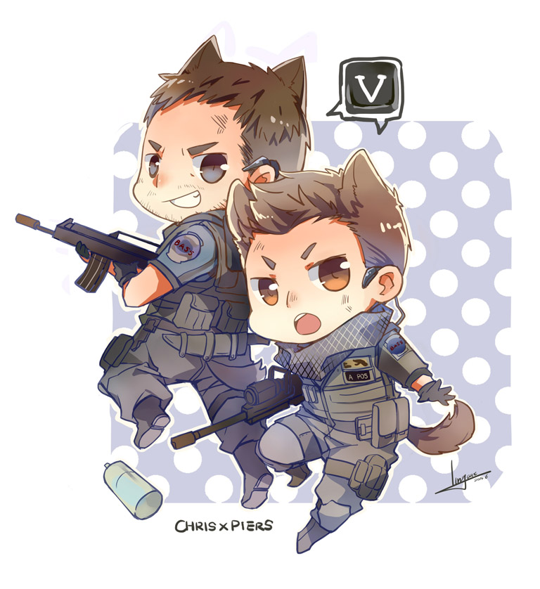 Safebooru - 2boys brown eyes brown hair chibi chris redfield gun ...