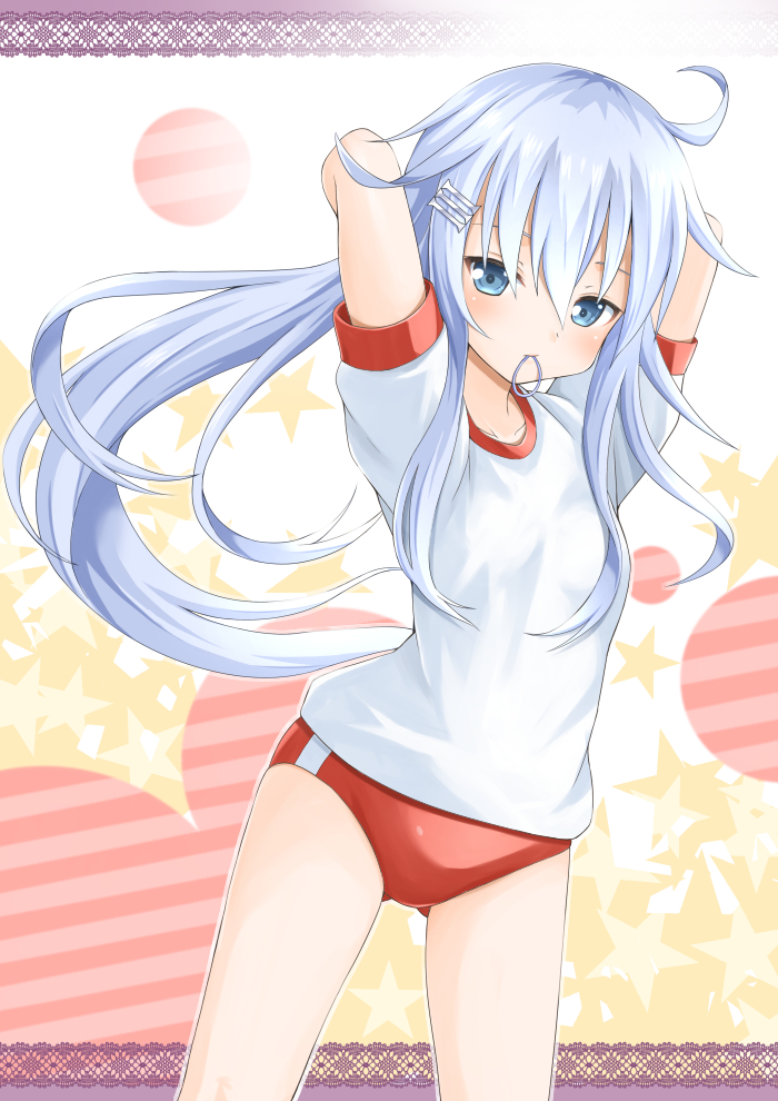 Safebooru - 1girl adjusting hair alternate costume arms behind head blue eyes blue hair buruma ...