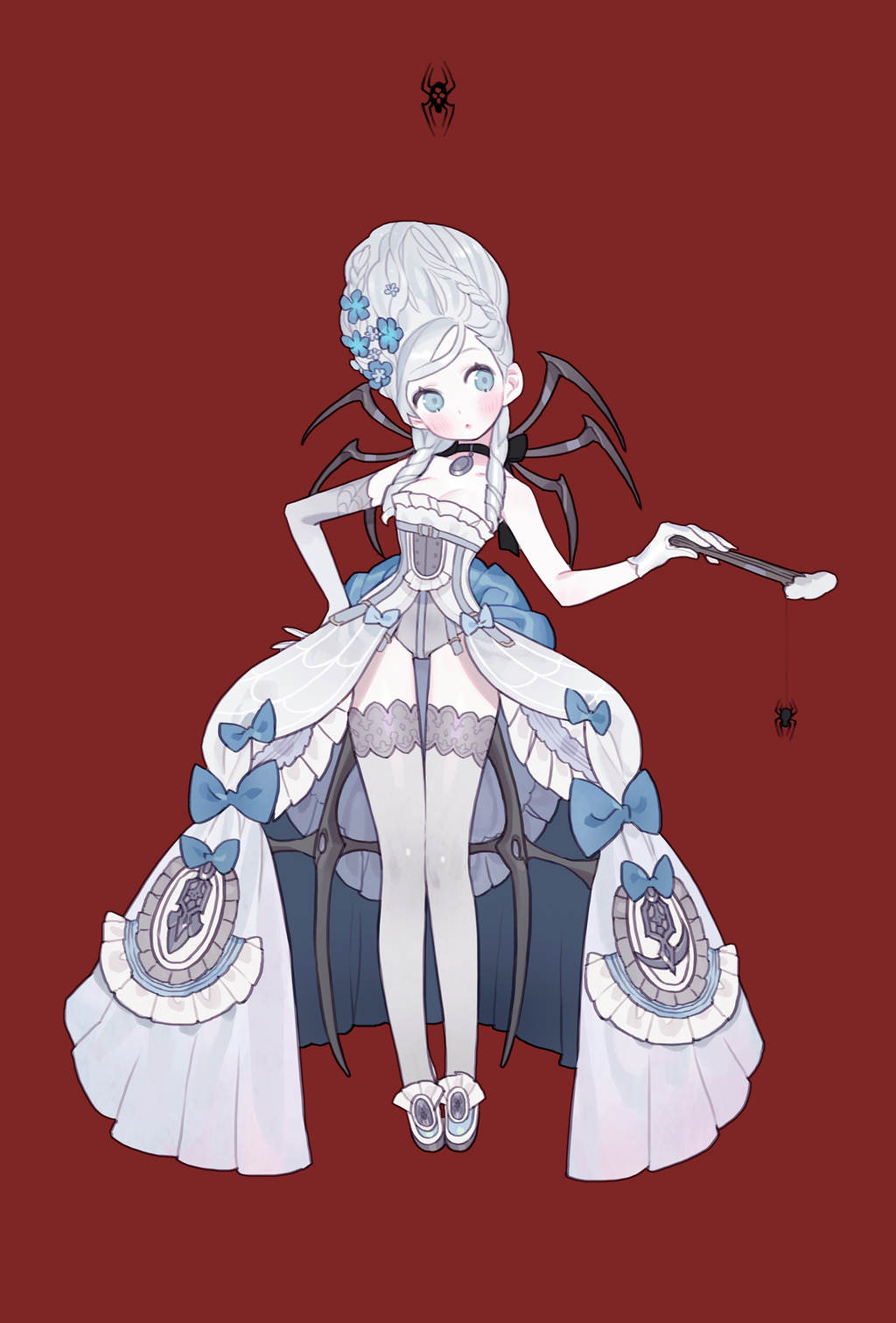 Safebooru - 1girl asymmetric gloves asymmetrical clothes bare shoulders blue bow blue eyes blush ...