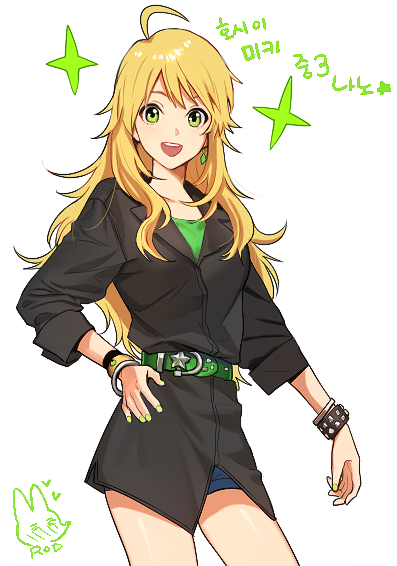 Safebooru - belt blonde hair earrings green eyes hand on hip hoshii ...