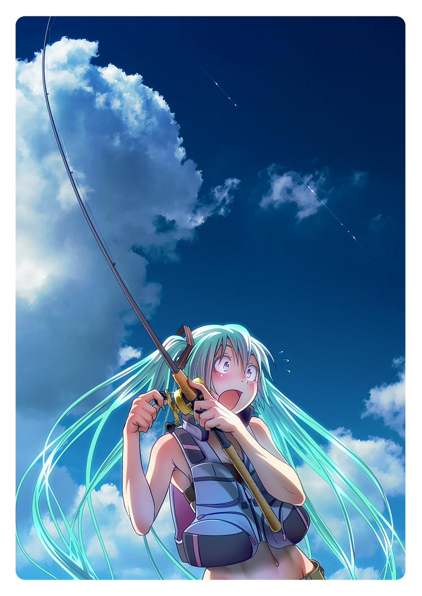 Safebooru - 1girl aqua eyes aqua hair clouds fishing fishing rod flying ...