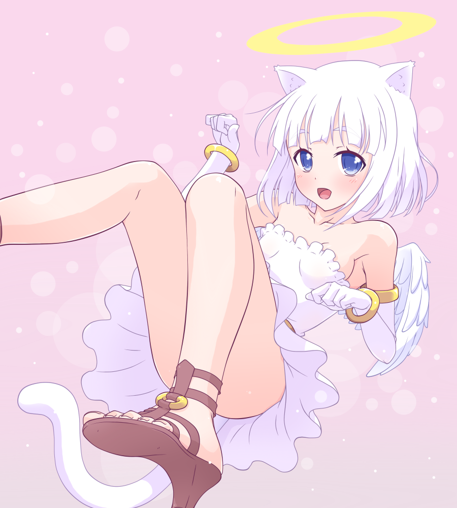 Safebooru - 1girl angel animal ears bare shoulders blue eyes cat ears cat tail dress elbow ...