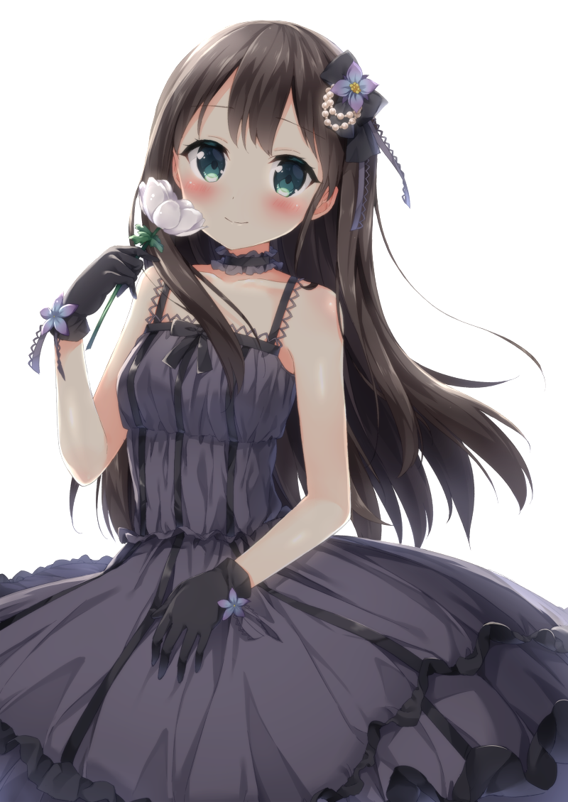 Safebooru - 1girl aqua eyes black dress black gloves black hair blush camisole collarbone dress ...