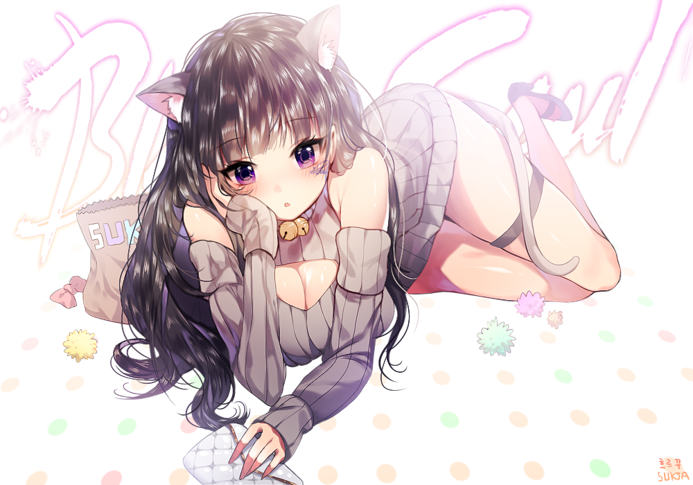 Safebooru - 1girl animal ears artist name bag bare shoulders black hair blush breasts cat ears ...
