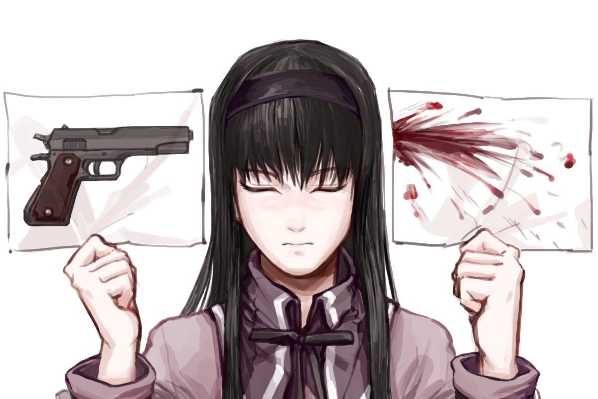 Safebooru - akemi homura black hair blood closed eyes gun hairband long hair magical girl mahou ...