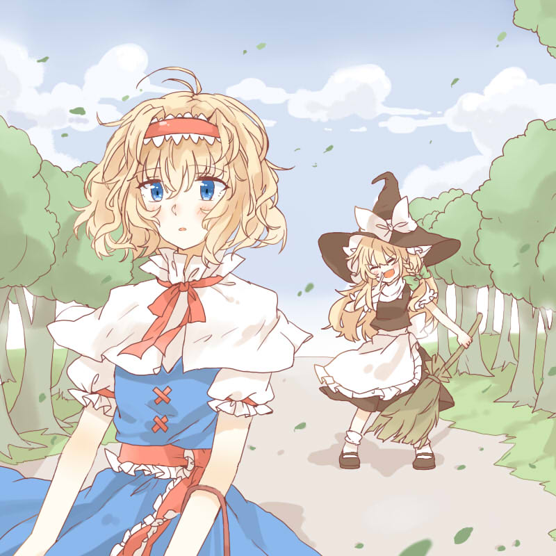 Safebooru - 2girls alice margatroid apron ascot blonde hair blue eyes blue sky blush broom ...