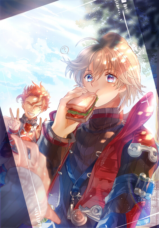 Safebooru - 1girl 2boys ? blonde hair double v eating fiorun multiple ...