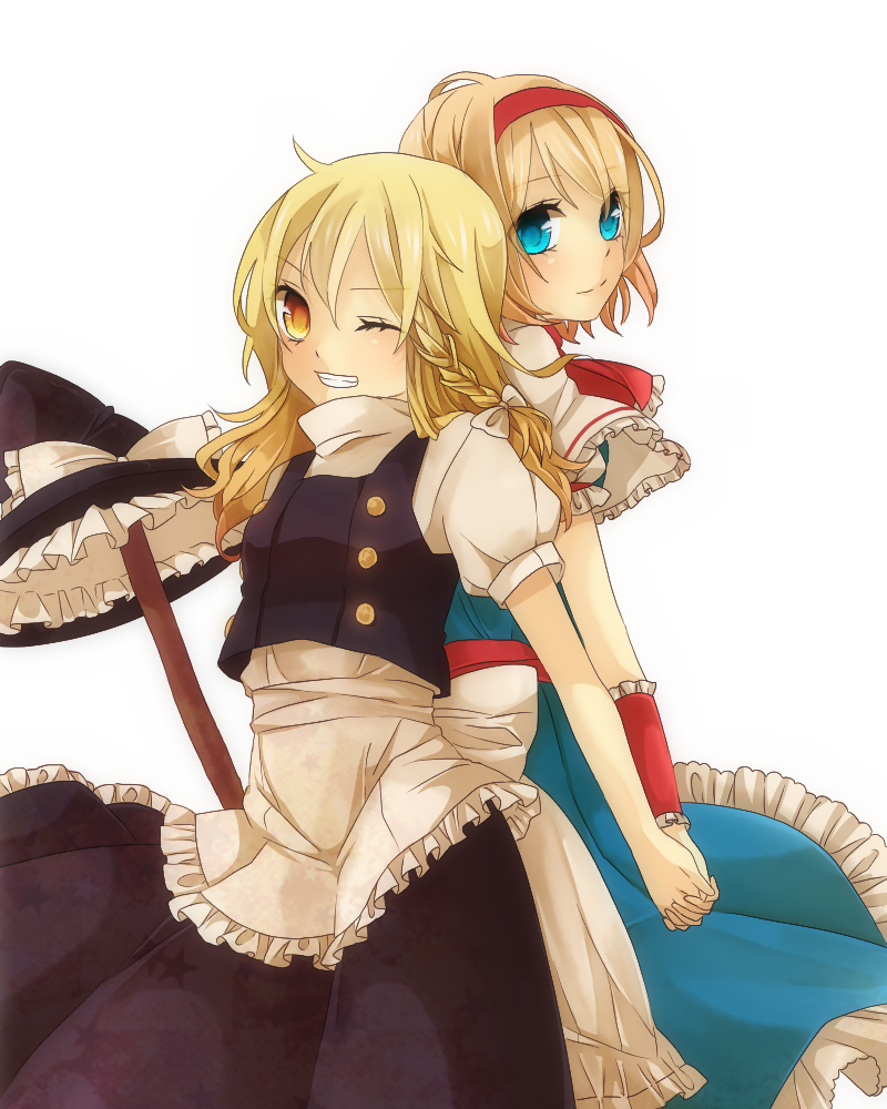 Safebooru - 2girls ;d alice margatroid apron ascot back-to-back blonde hair blue eyes blush ...