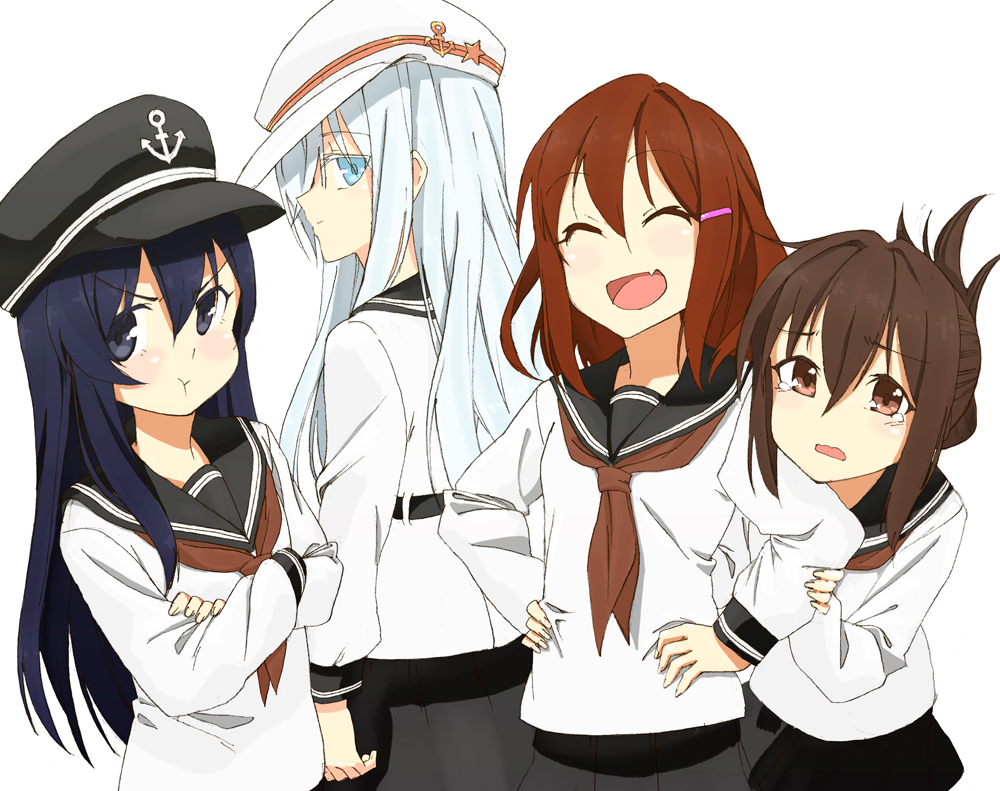 Safebooru - >:t 4girls :d akatsuki (kantai collection) anchor black skirt blue eyes blue hair ...