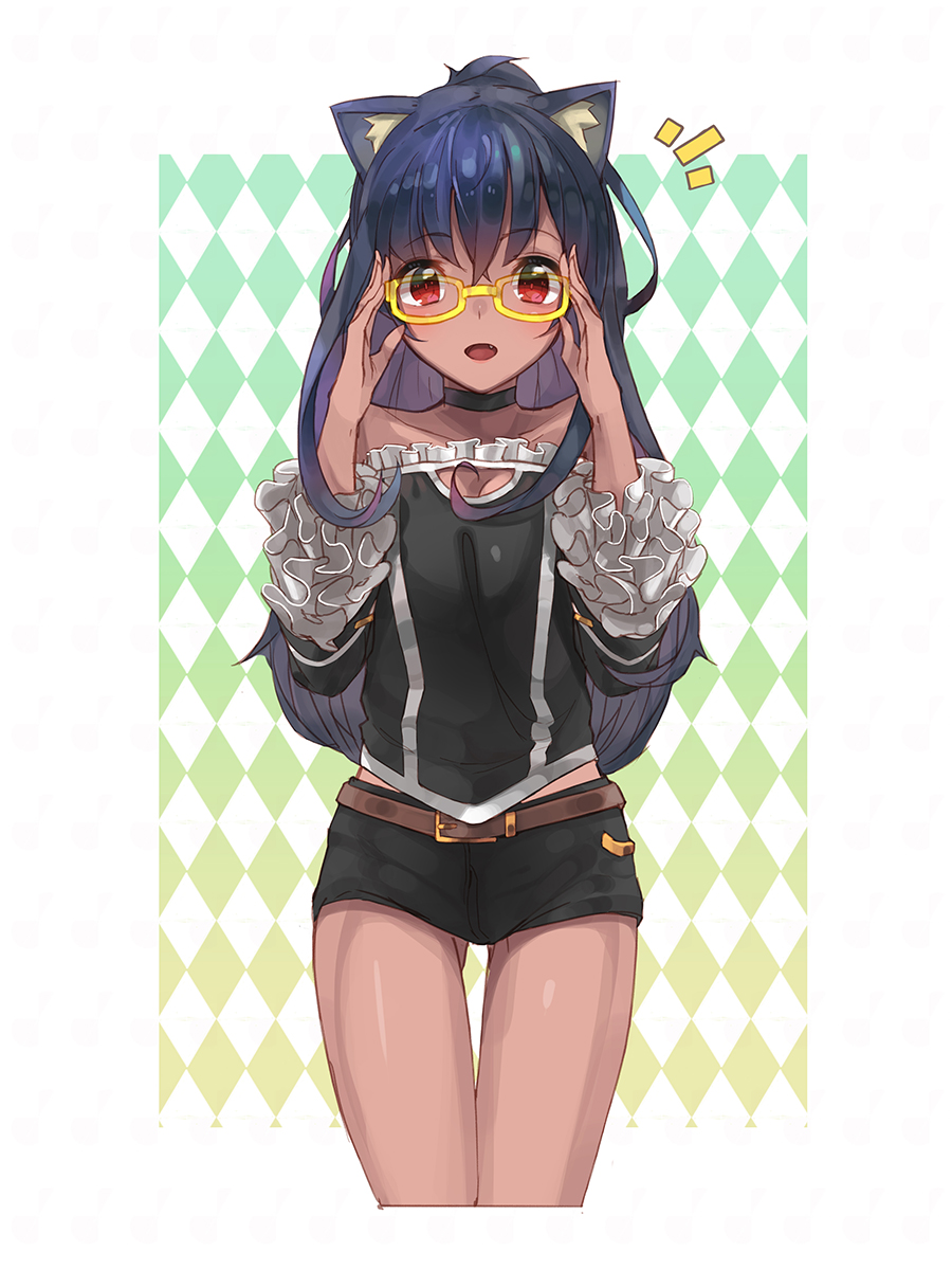 Safebooru - /\/\/\ 1girl adjusting glasses animal ears argyle argyle background belt black hair ...
