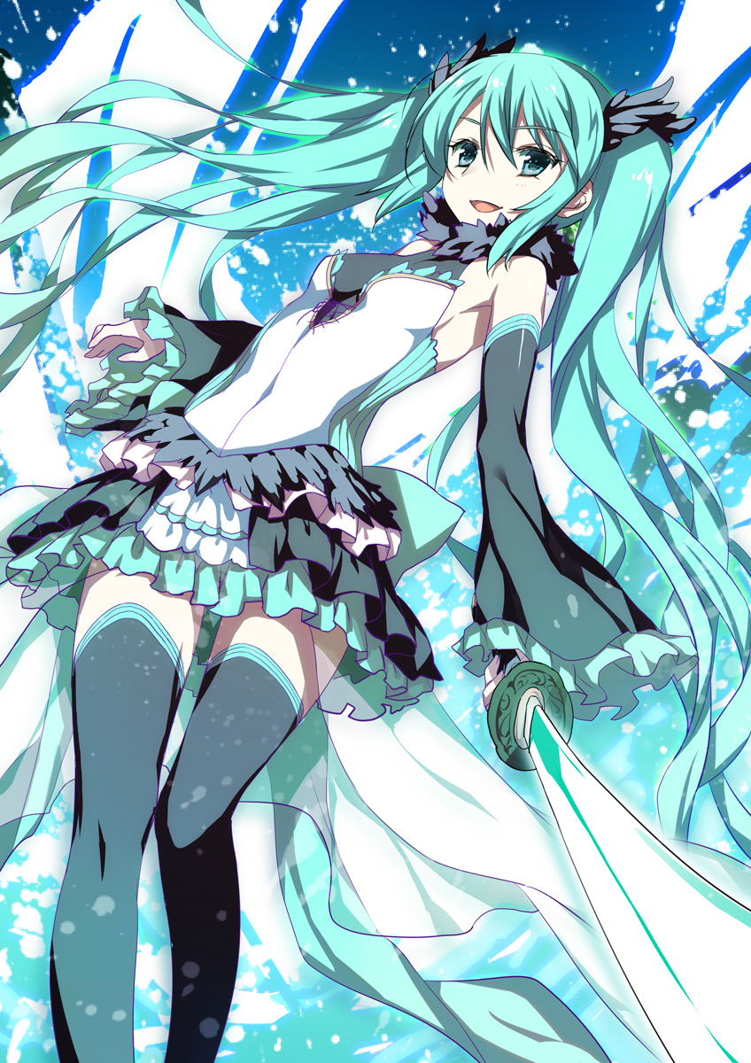 Safebooru - 1girl 47agdragon aqua eyes aqua hair detached sleeves hatsune miku highres katana ...