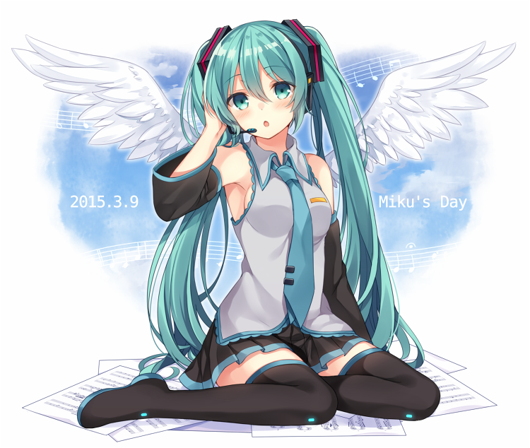 Safebooru - 1girl 39 2015 aqua eyes aqua hair boots dated detached sleeves hand on headphones ...