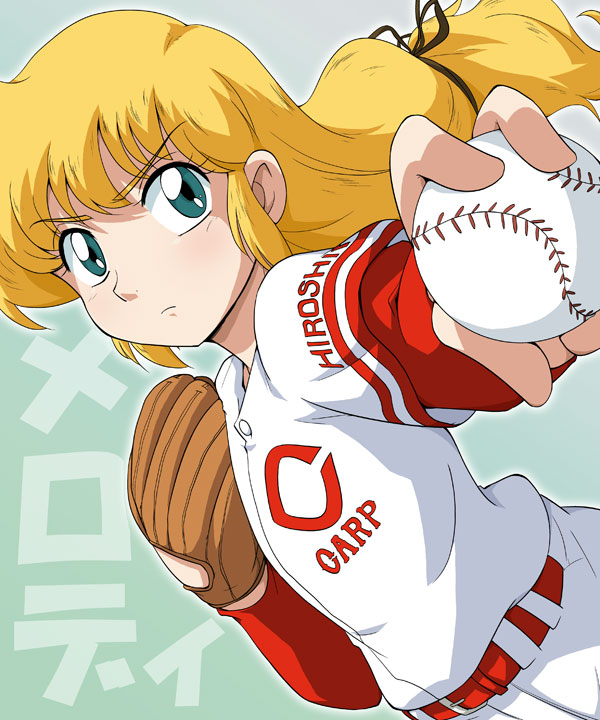 Safebooru - 1girl baseball baseball uniform bioroid hei blonde hair blue eyes gloves long hair ...