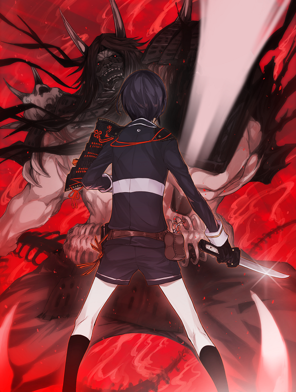 Safebooru - 2boys black gloves black legwear enemy ootachi from behind gloves horns isidoum ...