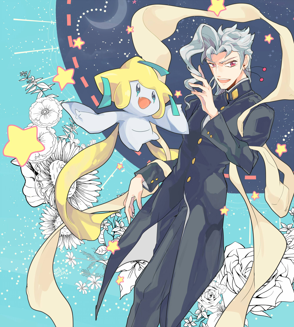 Safebooru - 1boy crossover flower gakuran grey hair hagoromo jirachi ...