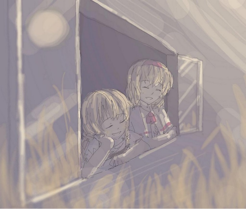 Safebooru - 2girls alice margatroid ascot blonde hair braid capelet closed eyes couple hairband ...