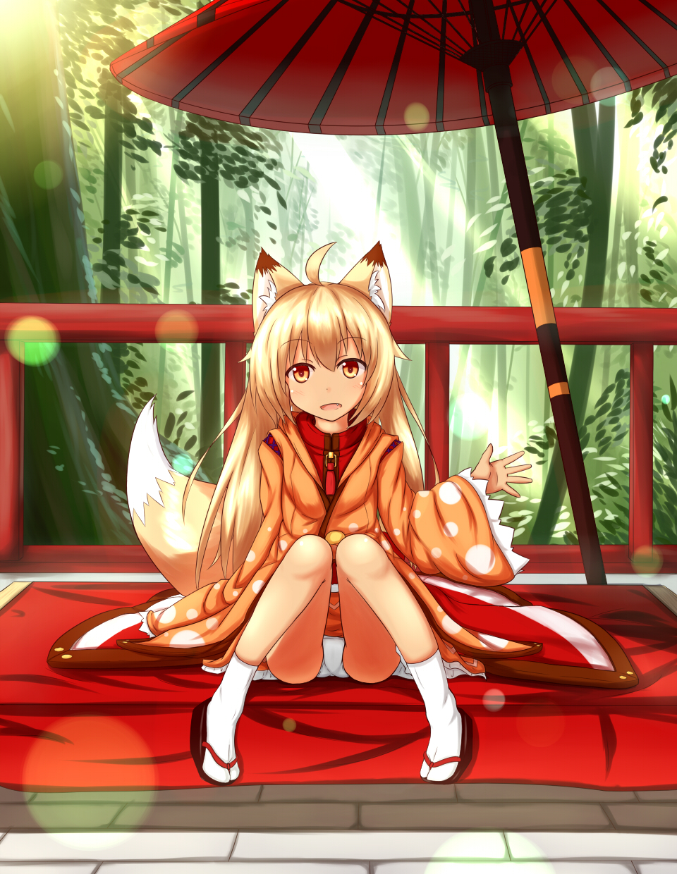 Safebooru - 1girl :d animal ears blonde hair fang fox ears fox tail highres korai open mouth ...