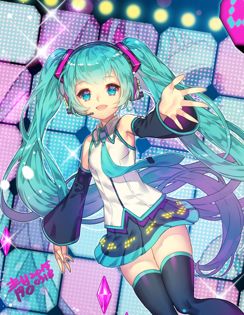 Safebooru - 1girl aqua eyes aqua hair detached sleeves erjung hatsune miku headset long hair ...