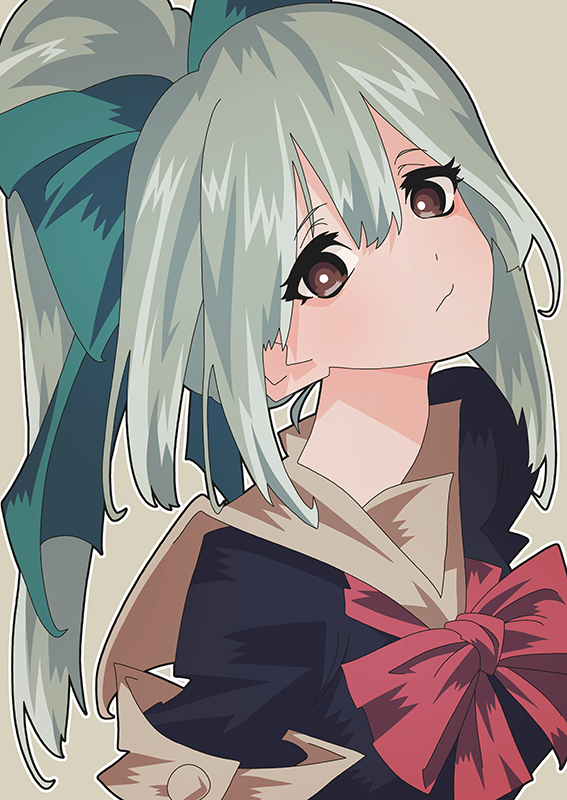 Safebooru - 1girl blue hair blue ribbon brown eyes grey background hair ...