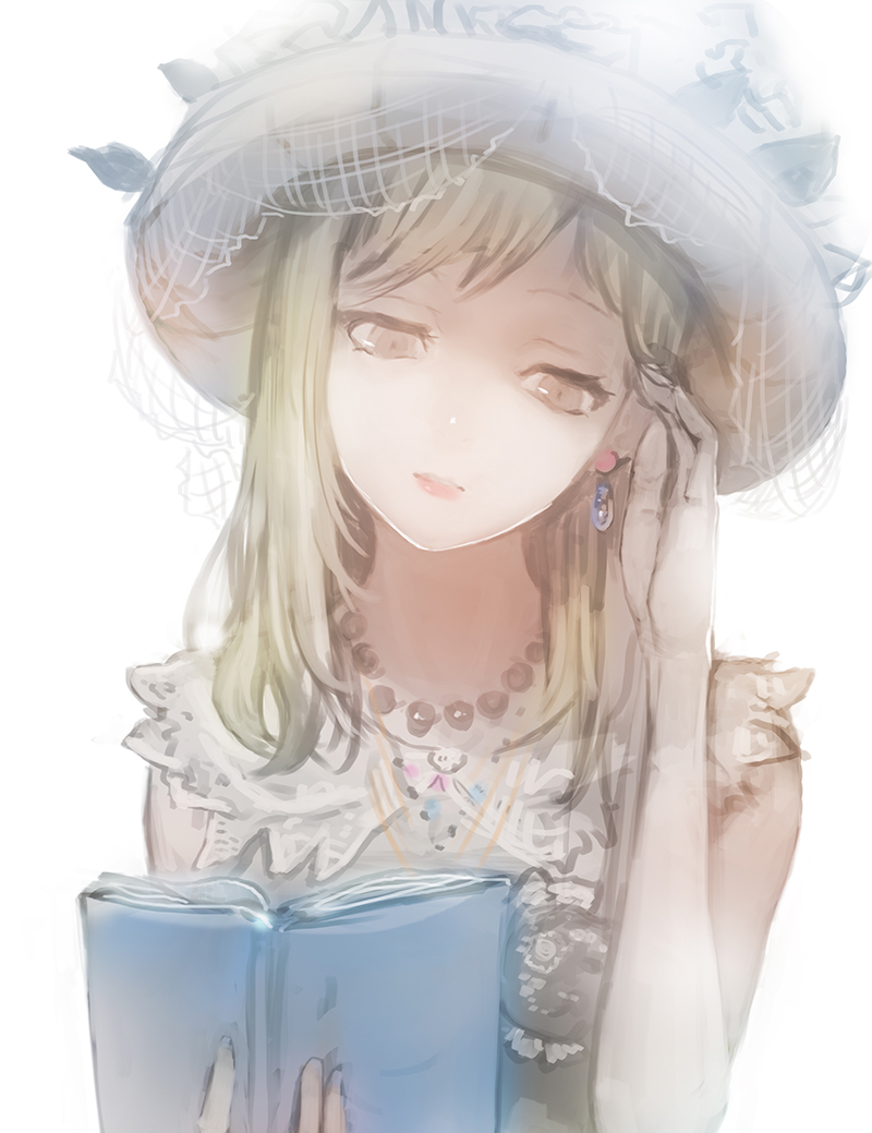 Safebooru 1girl Adjusting Hair Blonde Hair Book Brown Eyes Dress