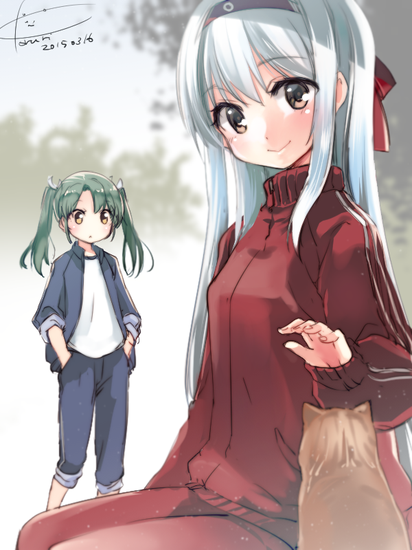 Safebooru - 2girls brown eyes cat green hair hair ribbon hairband hands ...