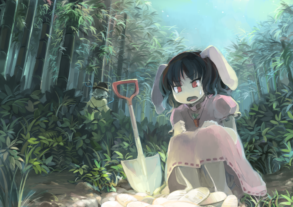 Safebooru - 2girls animal ears bamboo bamboo forest black hair blue sky carrot dress forest hat ...