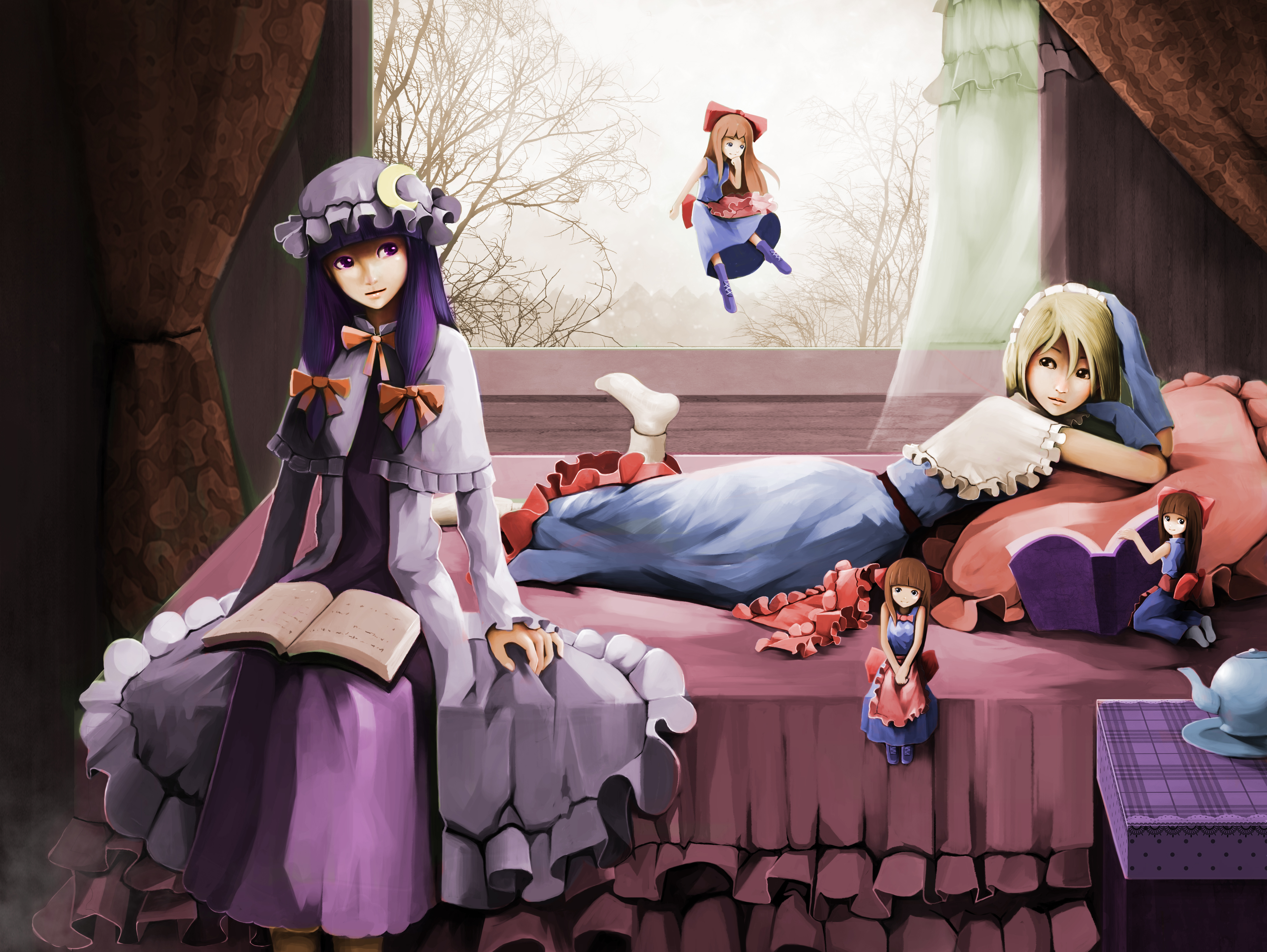 Safebooru - 2girls absurdres alice margatroid apron averting eyes bare tree bedroom blonde hair ...