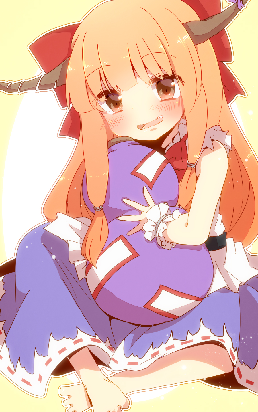 Safebooru - 1girl aoi (annbi) barefoot blonde hair blush bow gourd hair bow highres horn ribbon ...