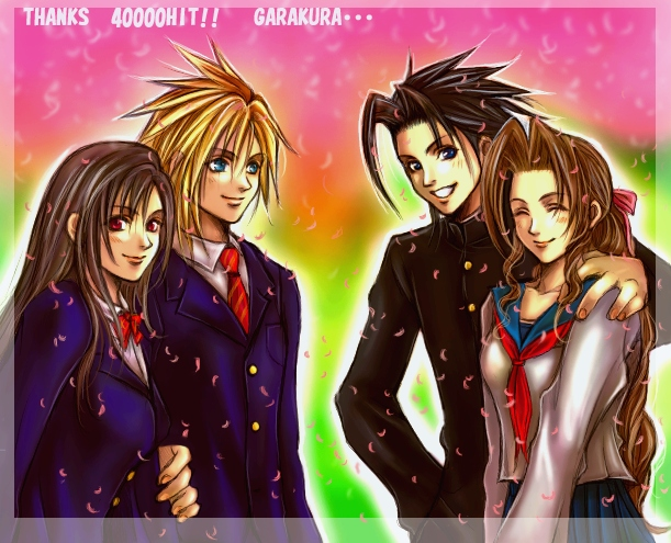 Safebooru - 2boys 2girls ^ ^ aerith gainsborough black hair blonde hair blue eyes brown hair ...