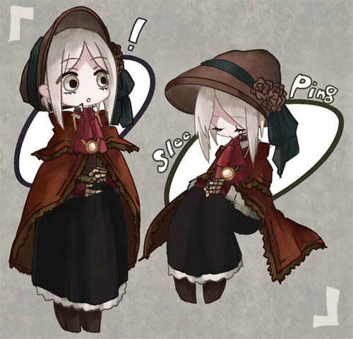 Safebooru - ! 1girl :o bangs black skirt bloodborne bonnet chibi cloak ...