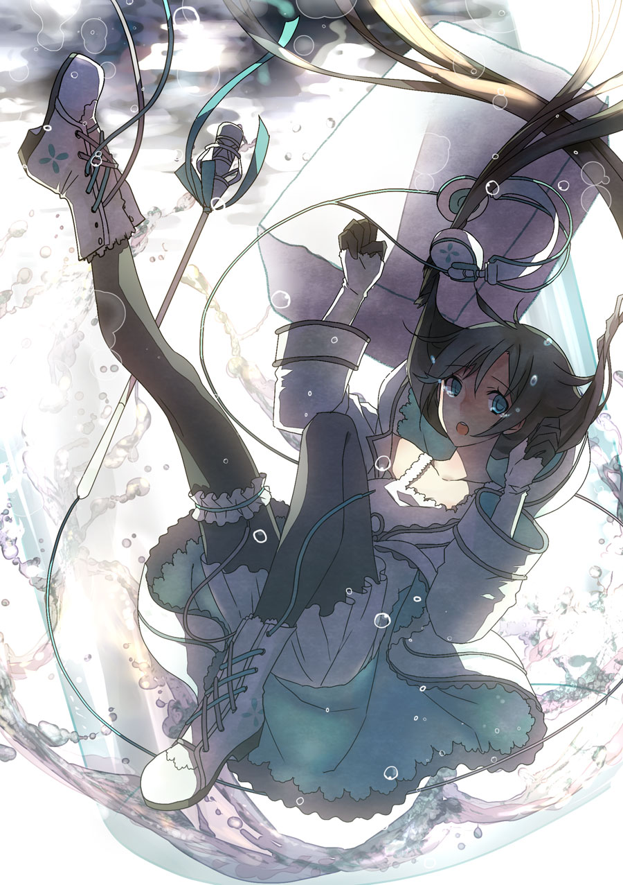 Safebooru 1girl Air Bubble Black Hair Black Legwear Blue Eyes Boots 4273
