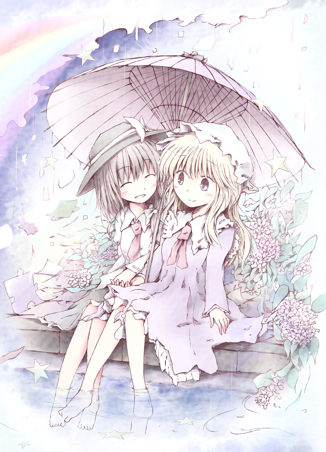 Safebooru - 2girls barefoot blonde hair bow brown eyes brown hair closed eyes dress flower hair ...