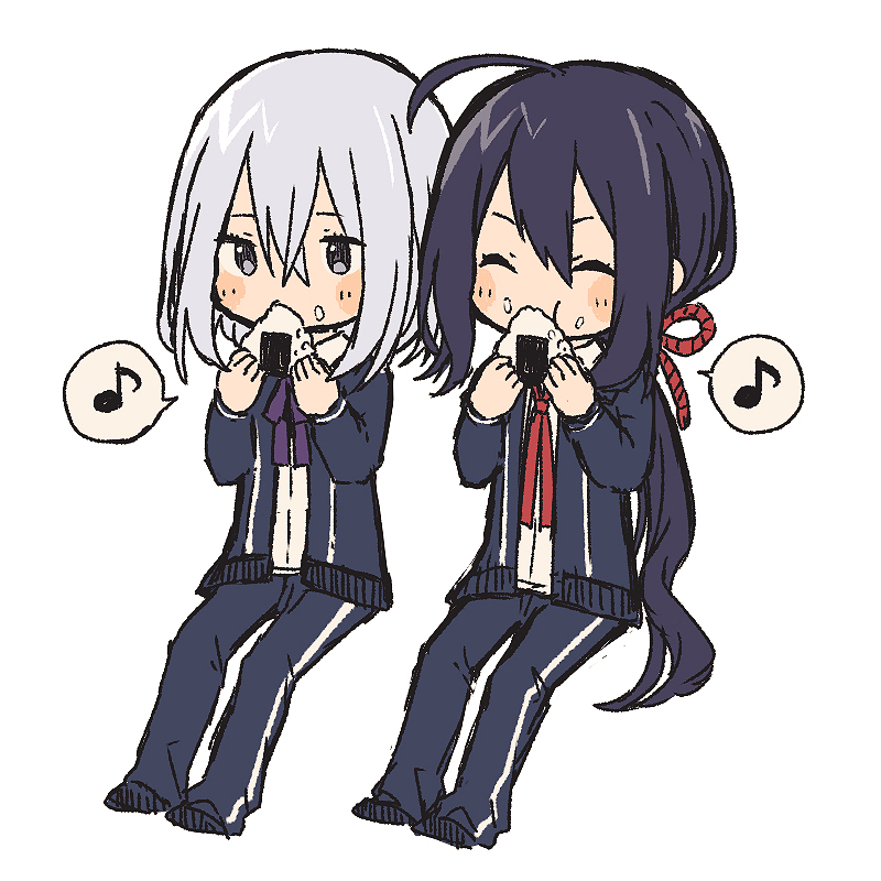 Safebooru - 2boys ahoge black hair blush stickers chibi eating food ...