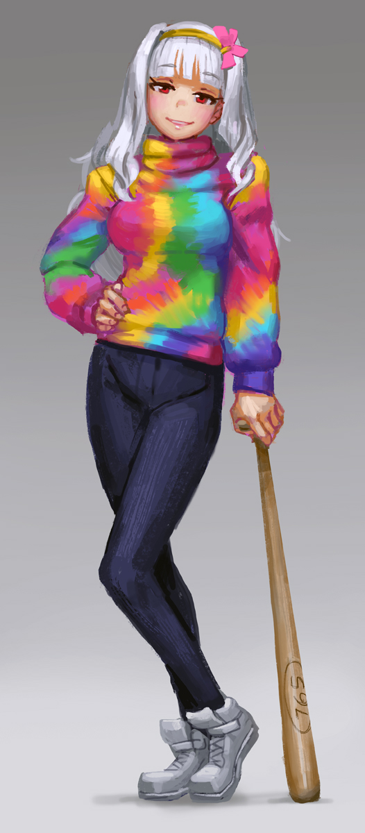 Safebooru - 1girl baseball bat breasts casual colorful contrapposto ...