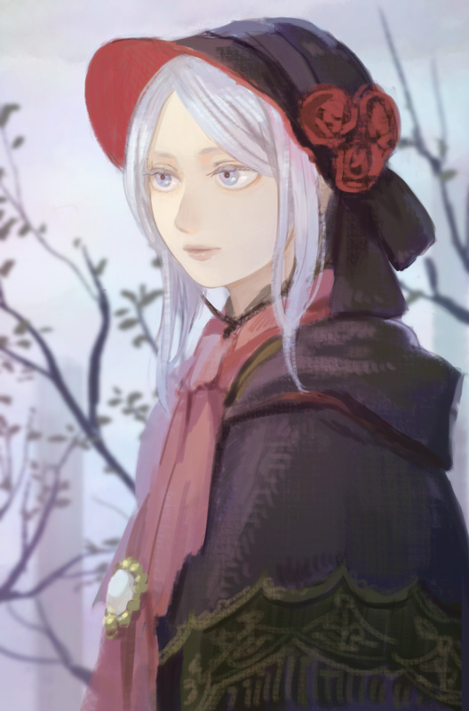 Safebooru - 1girl bangs bloodborne blue eyes bonnet cloak flower hiko ...