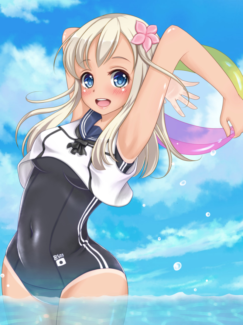 Safebooru - 1girl ball beachball blonde hair blue eyes crop top flower hair flower hair ornament ...