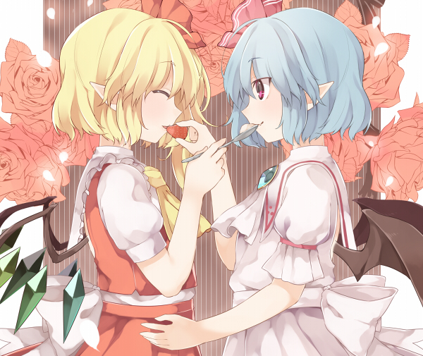 Safebooru - 2girls akagashi hagane bat wings blonde hair blue hair brooch closed eyes feeding ...