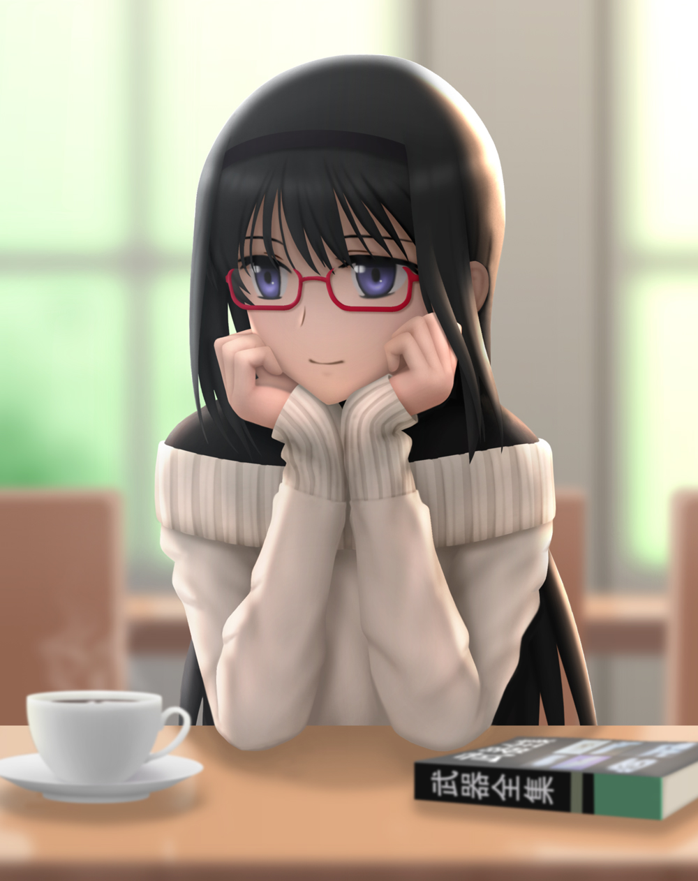 Safebooru - 1girl akemi homura black hair book chin rest cup glasses hairband highres long hair ...