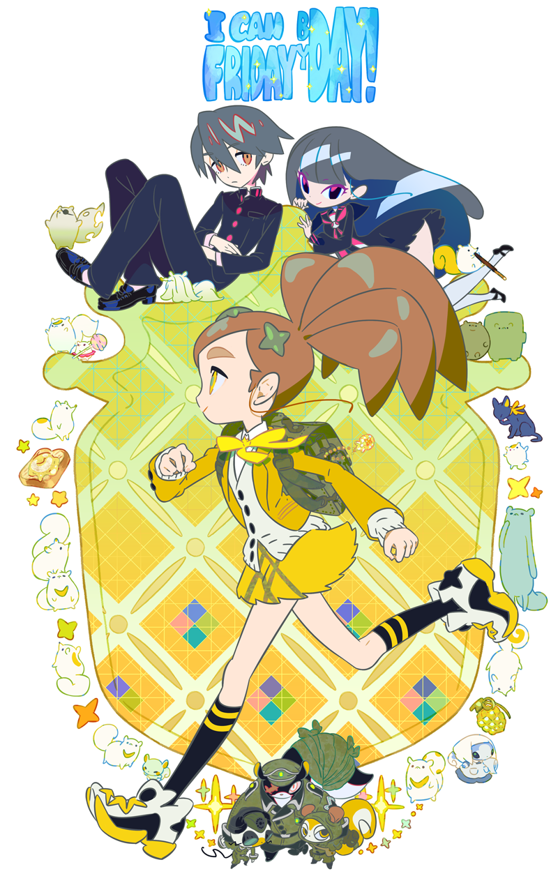 Safebooru - 1boy 2girls backpack bag black eyes cat gakuran grey hair ...