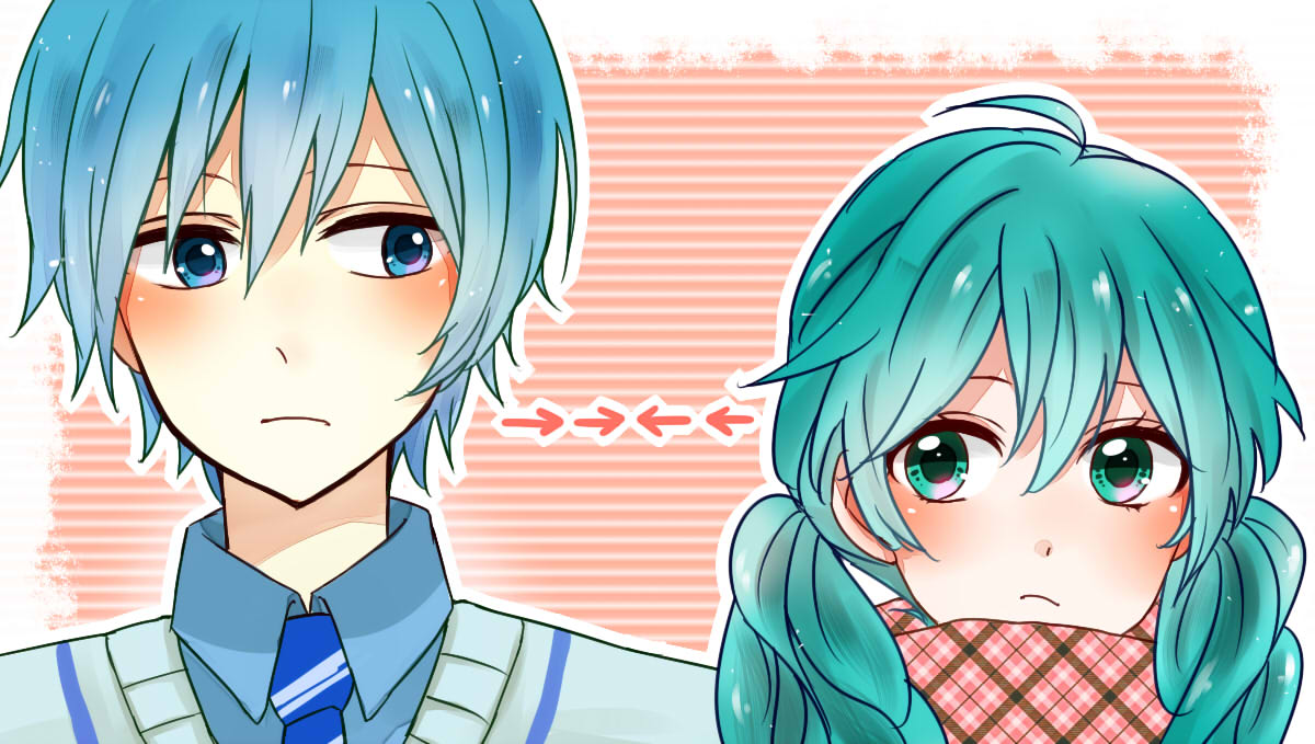 Safebooru - 1boy 1girl ahoge aqua eyes aqua hair blue eyes blue hair blush directional arrow ...
