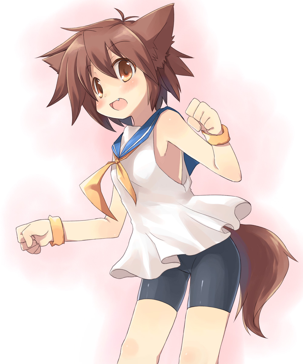 Safebooru - 1girl armpits bike shorts blush bracelet brown eyes brown hair fang female highres ...