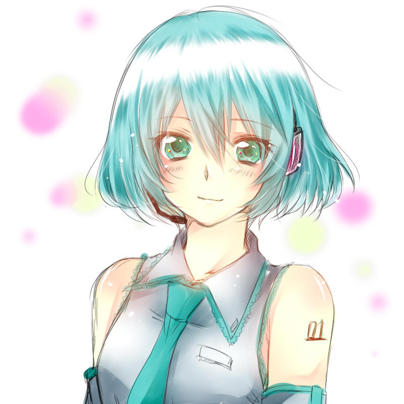 Safebooru - 1girl alternate hairstyle aqua hair artist request blush collarbone detached sleeves ...