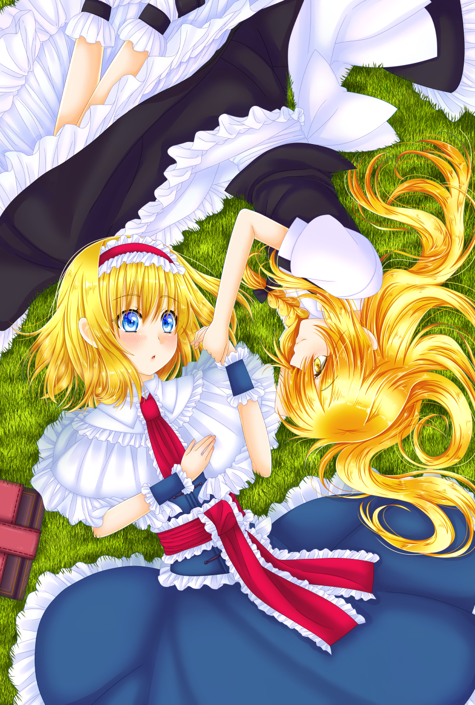 Safebooru - 2girls alice margatroid apron ascot baretto blonde hair blue eyes blush book braid ...
