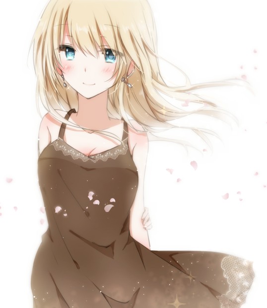 Safebooru - 1girl aqua eyes backlighting blonde hair brown dress dress earrings hiro (hirohiro31 ...