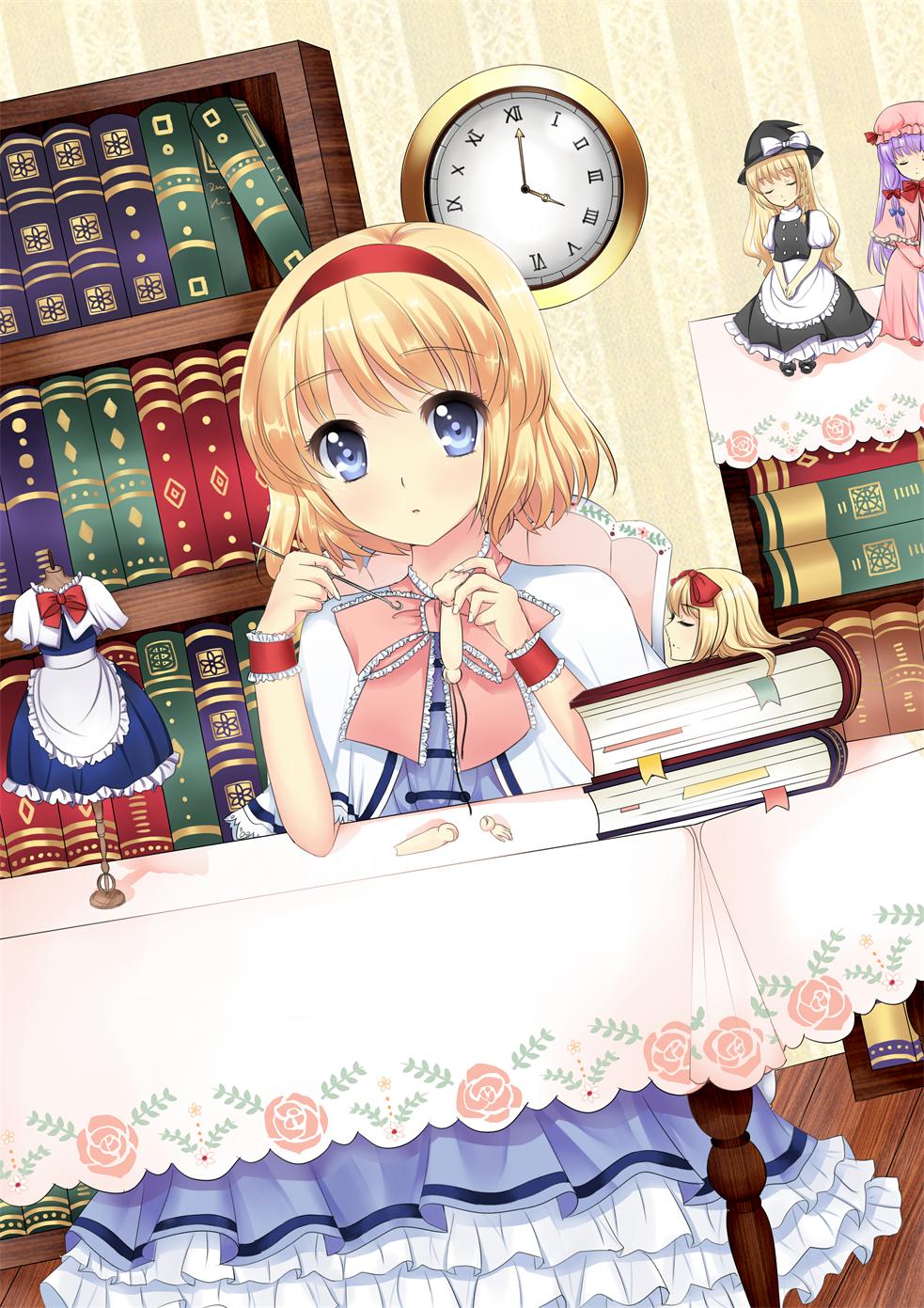 Safebooru - 1girl alice margatroid blonde hair blue eyes book bookshelf bow capelet character ...