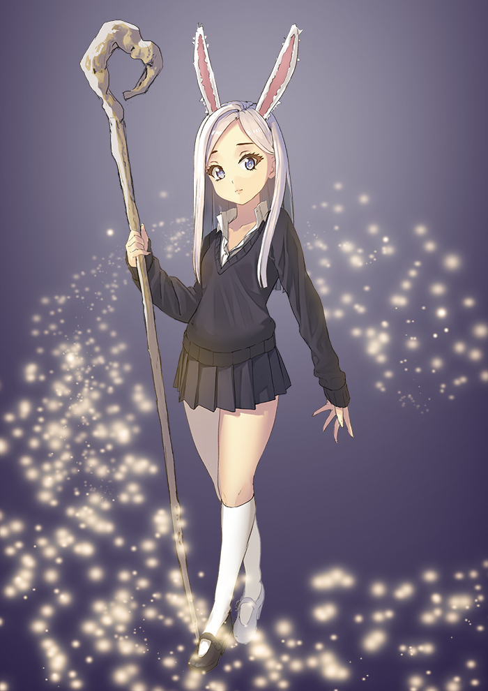 Safebooru - animal ears blue eyes elin (tera) kneehighs long hair magic ...