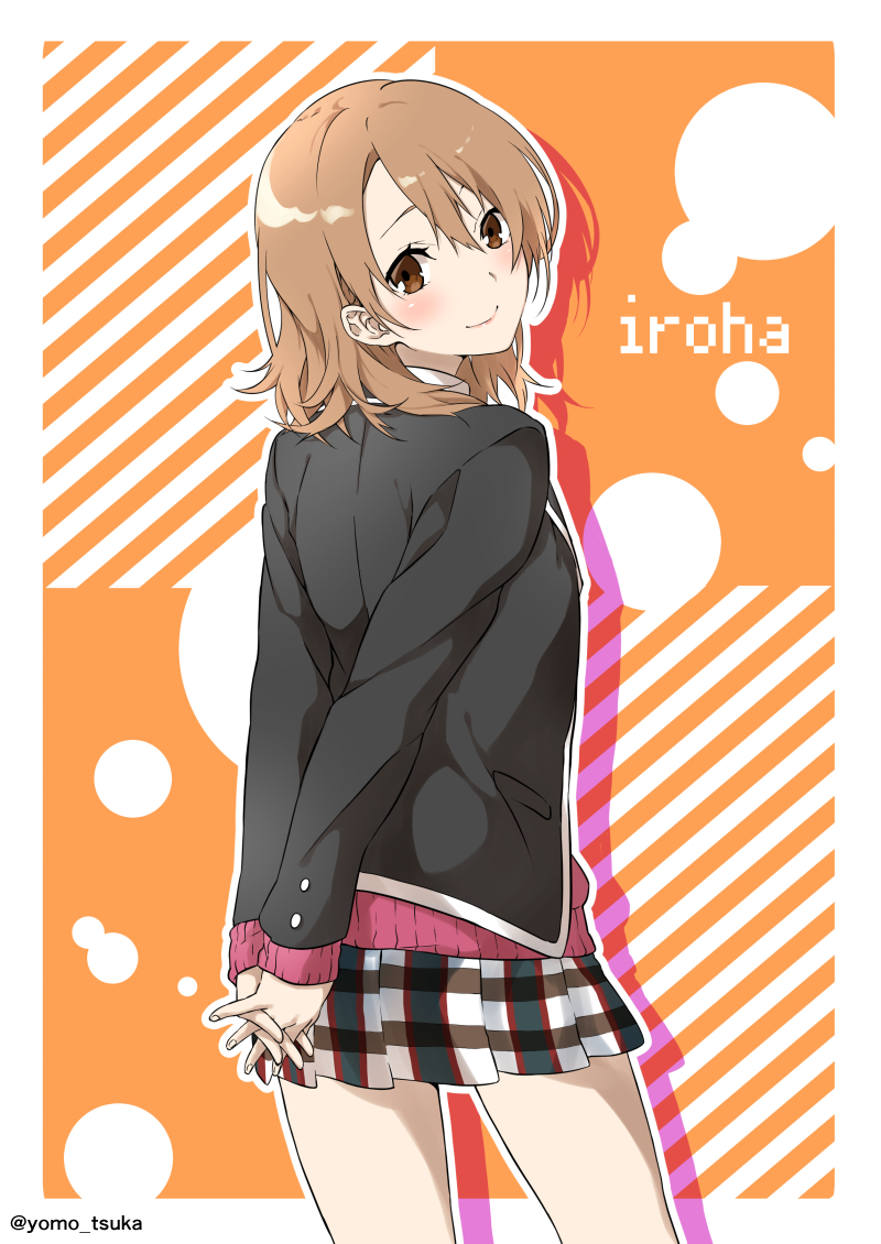 Safebooru - 1girl back blazer brown eyes brown hair cardigan isshiki ...