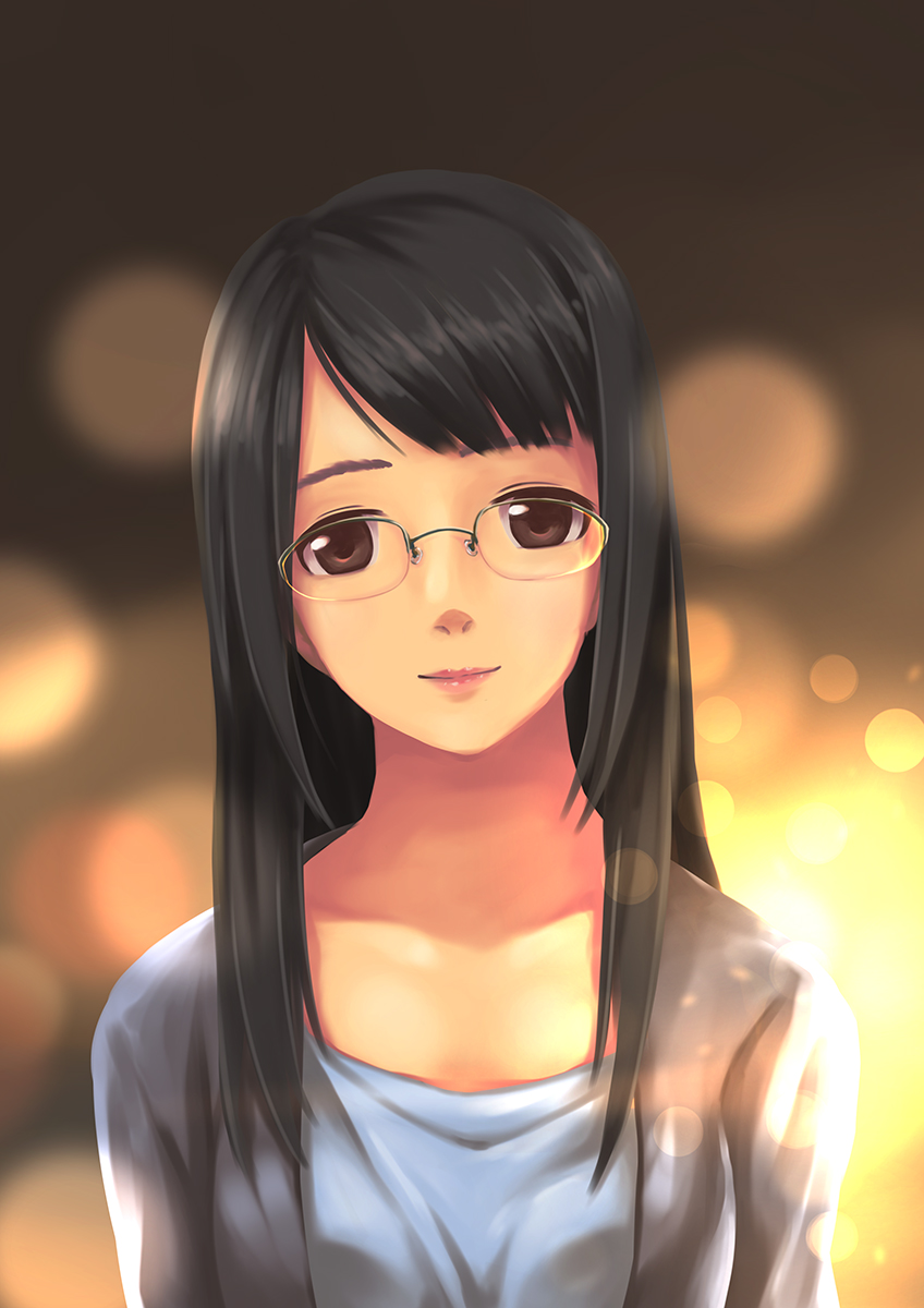 Safebooru - 1girl black hair brown eyes glasses highres jakelian lips original solo | 1498764