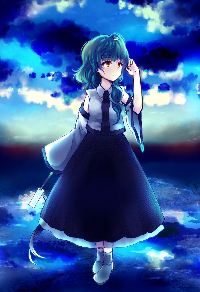 Safebooru - 1girl clouds detached sleeves frog hair ornament green eyes ...